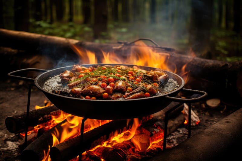 Paella Cooking Outdoors on an Open Fire, Traditional Style Stock Photo ...