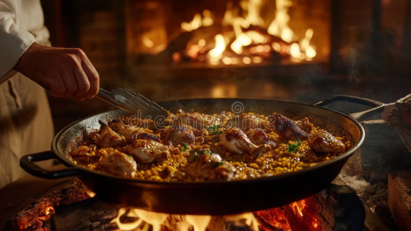 Paella Cooking Over Open Fire with Chicken and Vegetables in Rustic ...