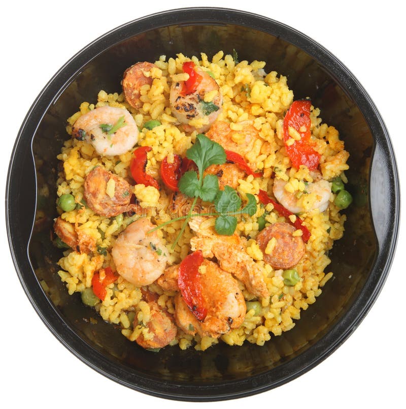 Paella-Fertiggericht stockbild. Bild von koriander, garnelen - 33624379