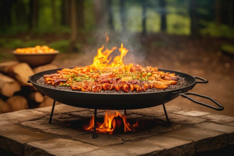 Paella Pan Over Crackling Campfire Flames Stock Illustration ...
