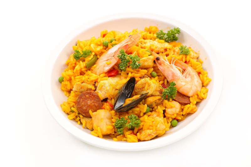 Paella with seafood stock image. Image of paella, white - 129095257
