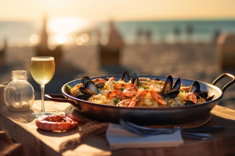 Paella Tradicional Espanhola Com Marisco Servido Em Uma Panela Sobre a ... Paella Tradicional Espanhola Com Marisco Servido Em Uma Panela Sobre a ...