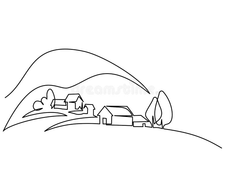 Paesaggio Con Il Villaggio Sulla Collina Illustrazione Vettoriale ...