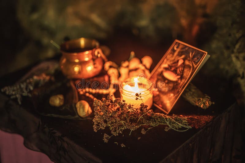Pagan Altar in Night. Ceremony Space. Stock Image - Image of energy ...