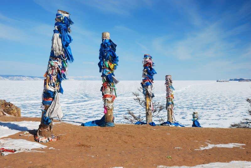 Pagan Buryat Pole Totems on Olkhon Island, Lake Baikal Stock Photo ...