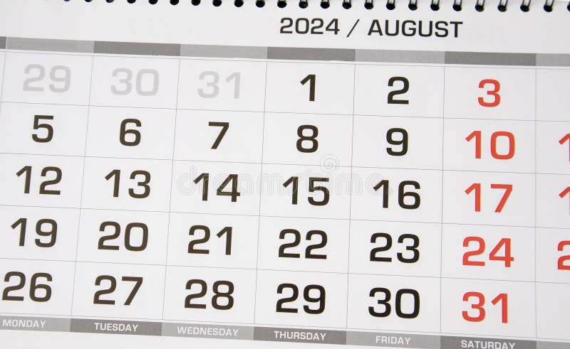 The Page of the Annual Paper Calendar for the Month of August 2024 ...