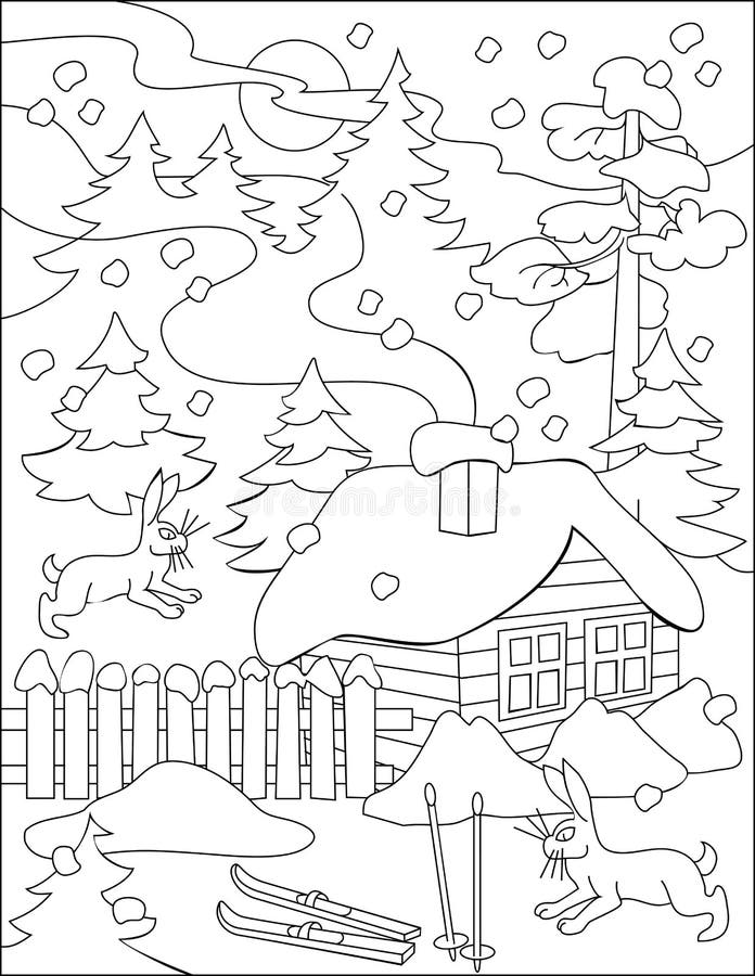 Page with Black and White Drawing of Winter for Coloring. Stock Vector ...
