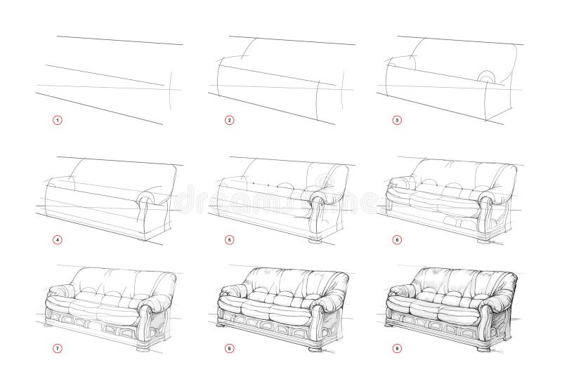 Page Shows How To Learn To Draw Sketch the Comfortable Sofa. Pencil ...