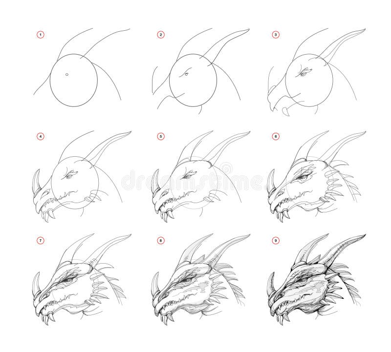 Page Shows How To Learn To Draw Sketch A Dragons Head Creation Step By Step Pencil Drawing