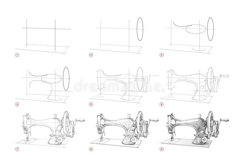 Page Shows How To Learn To Draw Sketch of Old Sewing Machine. Pencil ...