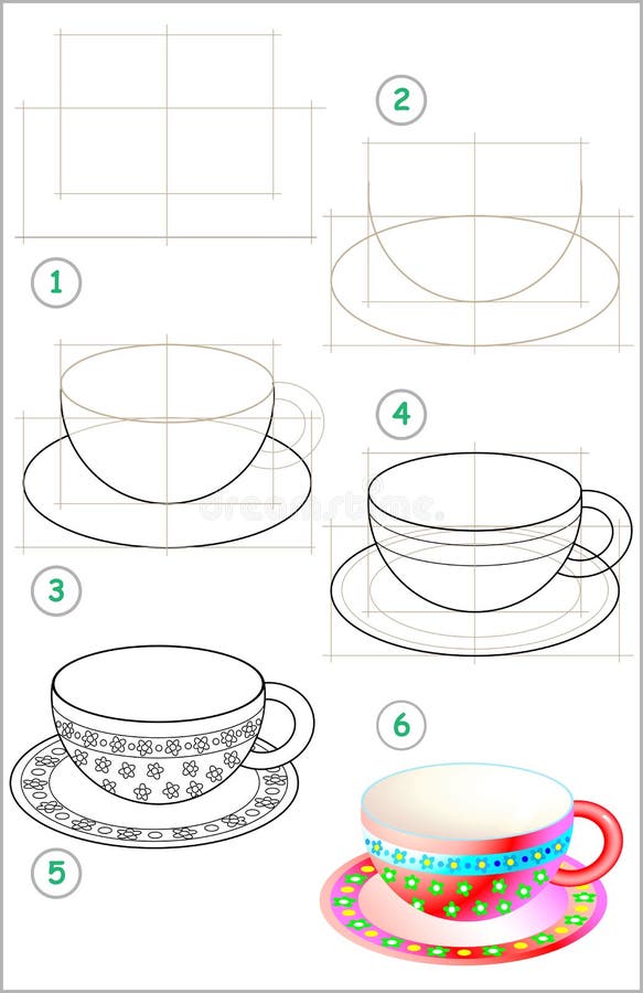 Page Shows How To Learn Step by Step To Draw a Beautiful Cup. Stock ...