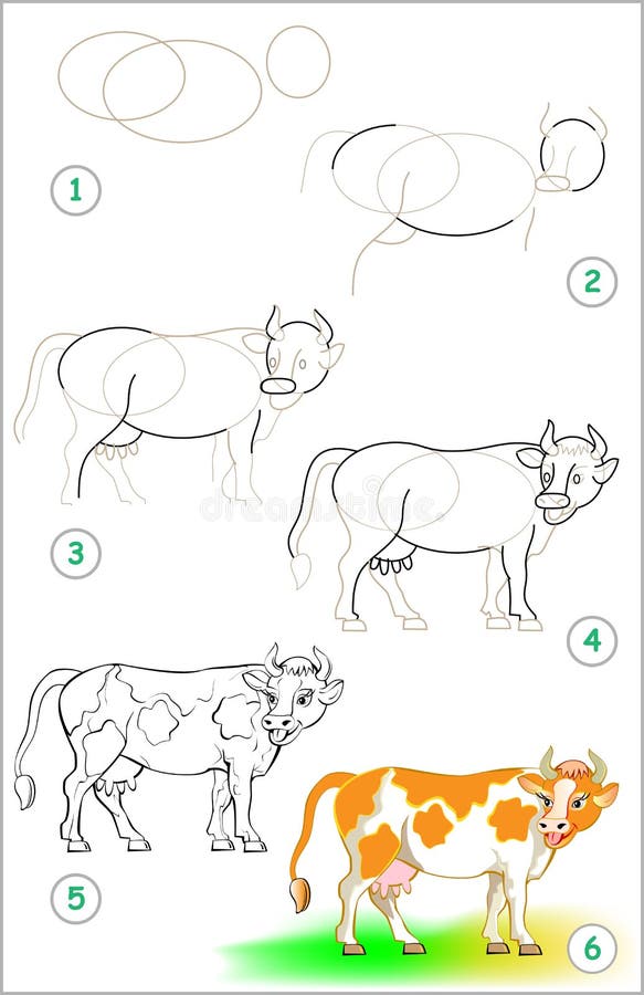Page Shows How To Learn Step by Step To Draw a Cow. Stock Vector ...