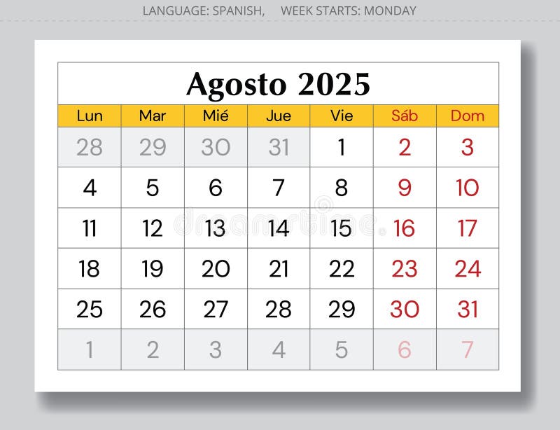 Page of 2025 Spanish August Calendar - Month Agosto. Vector ...