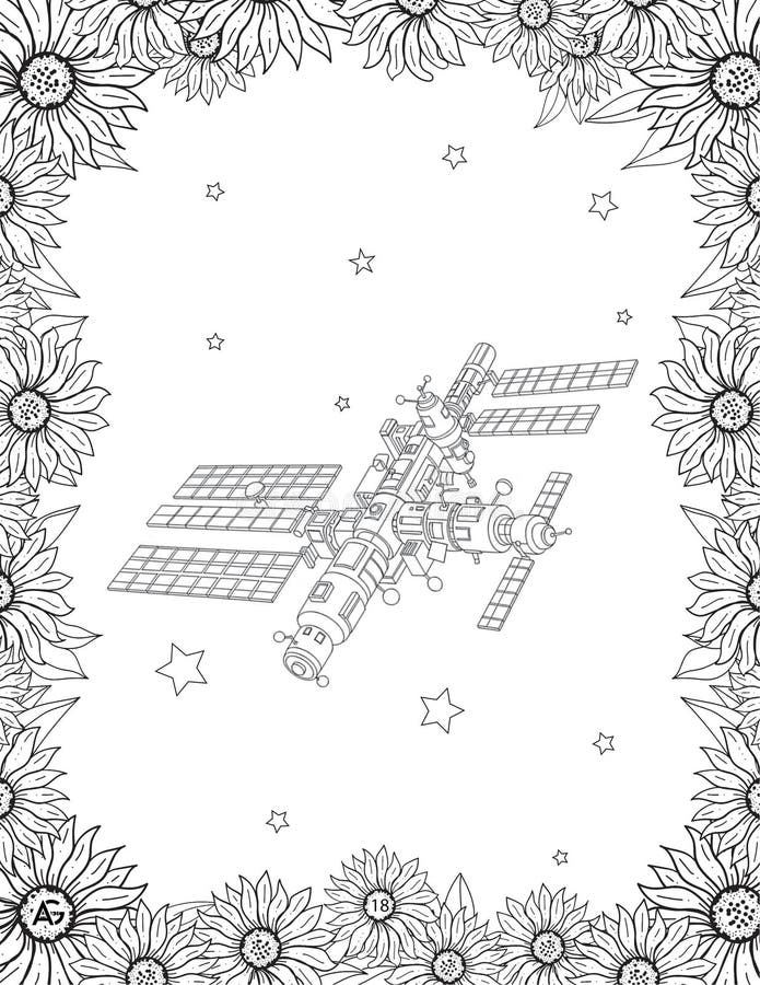 International Space Station Coloring Page with Sunflower Frame. Stock ...