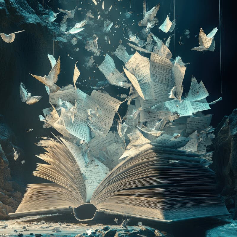 Pages and Doves Erupting from an Open Book in a Dramatic Cavern Stock ...