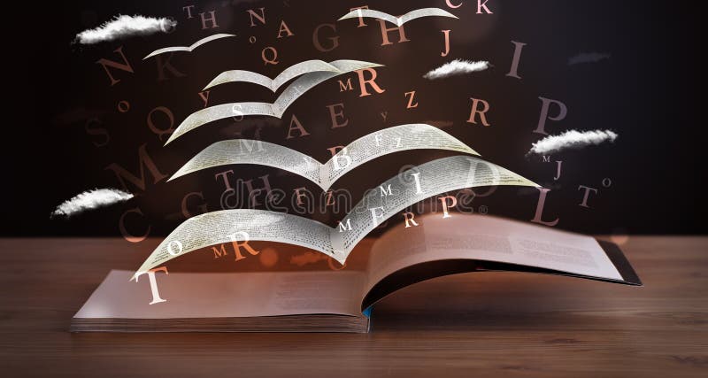 Pages and Glowing Letters Flying Out of a Book Stock Illustration ...