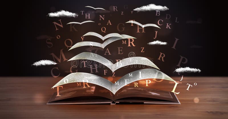 Pages and Glowing Letters Flying Out of a Book Stock Illustration ...