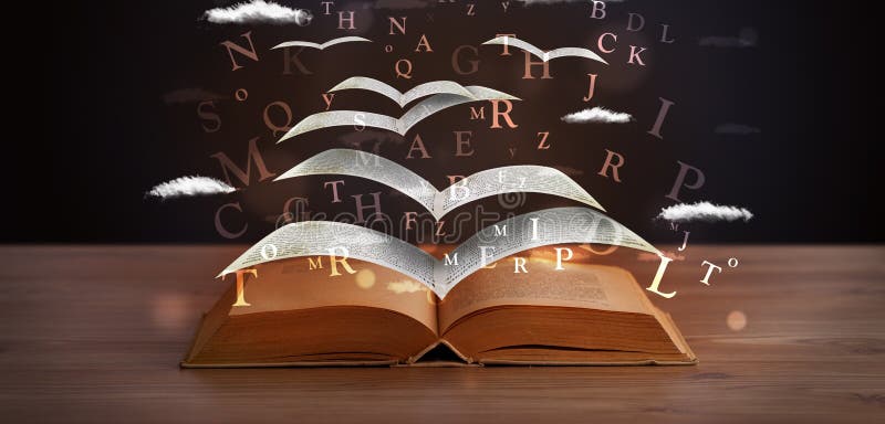Pages and Glowing Letters Flying Out of a Book Stock Illustration ...