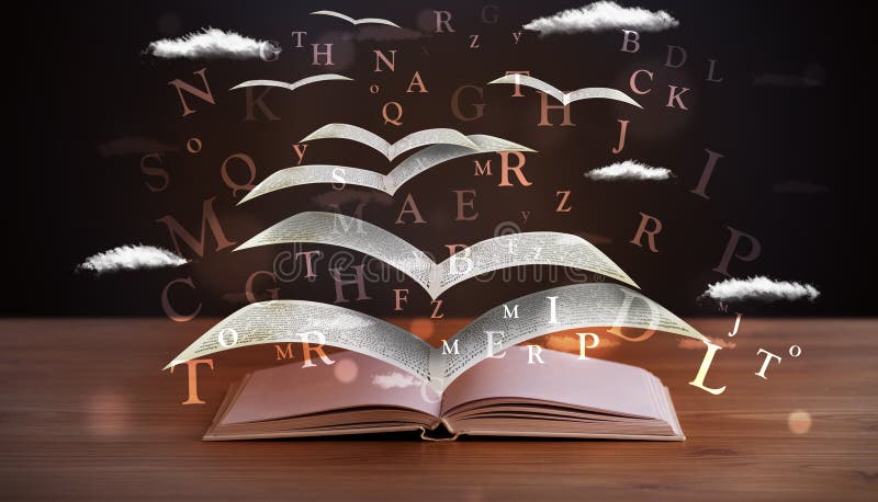 Pages and Glowing Letters Flying Out of a Book Stock Image - Image of ...