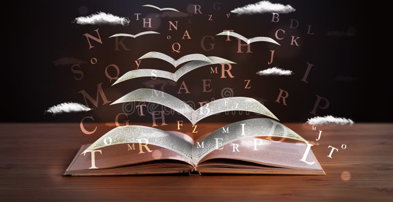 Pages and Glowing Letters Flying Out of a Book Stock Illustration ...