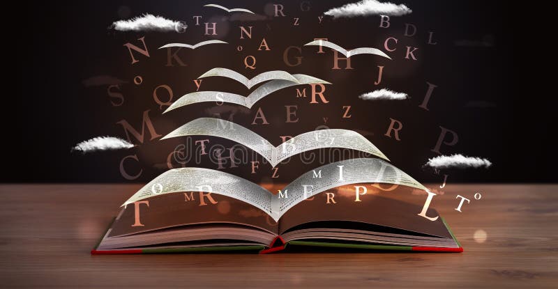 Pages and Glowing Letters Flying Out of a Book Stock Illustration ...
