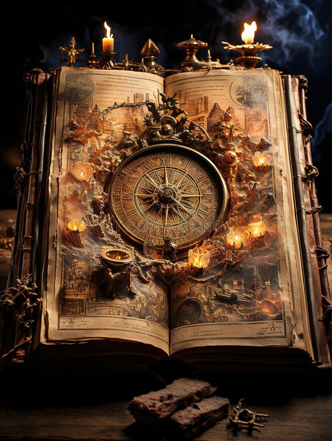 The Pages of a Historical Old Open Book with Time Clock Stock Image ...