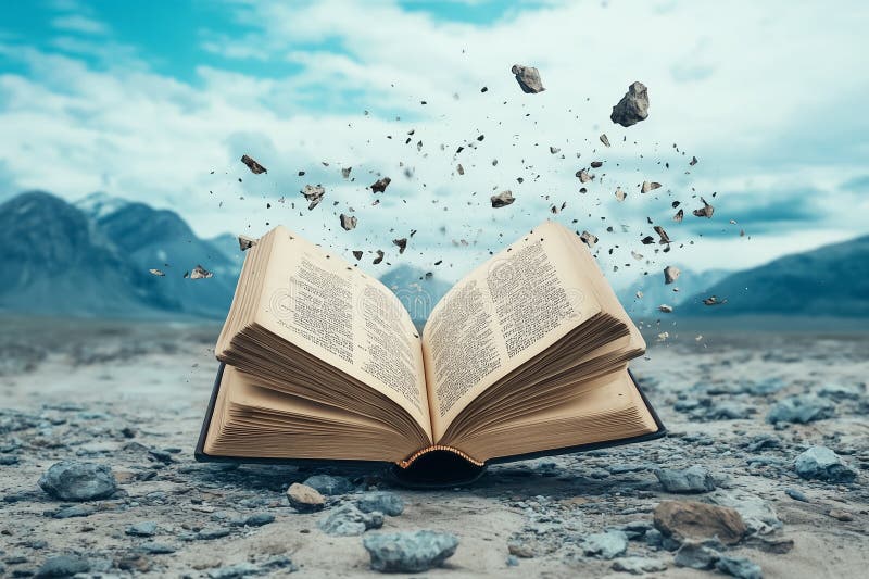 Pages of the Open Book Flutter in the Breeze, Surrounded by Rocks and a ...