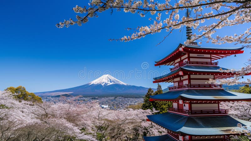 Pagoda and Mt. Fuji in the Spring with Cherry Blossoms . Generative Ai ...