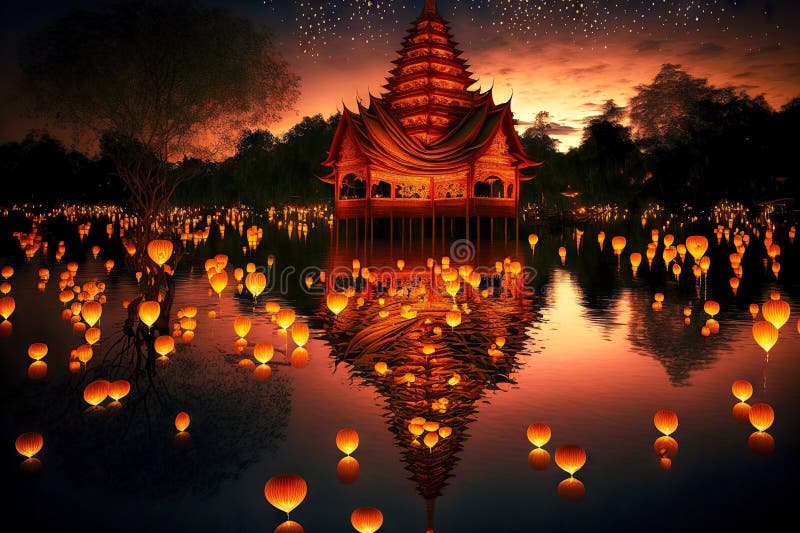Pagoda with Reddish Backlight and Floating Asian Lanterns on Surface of ...