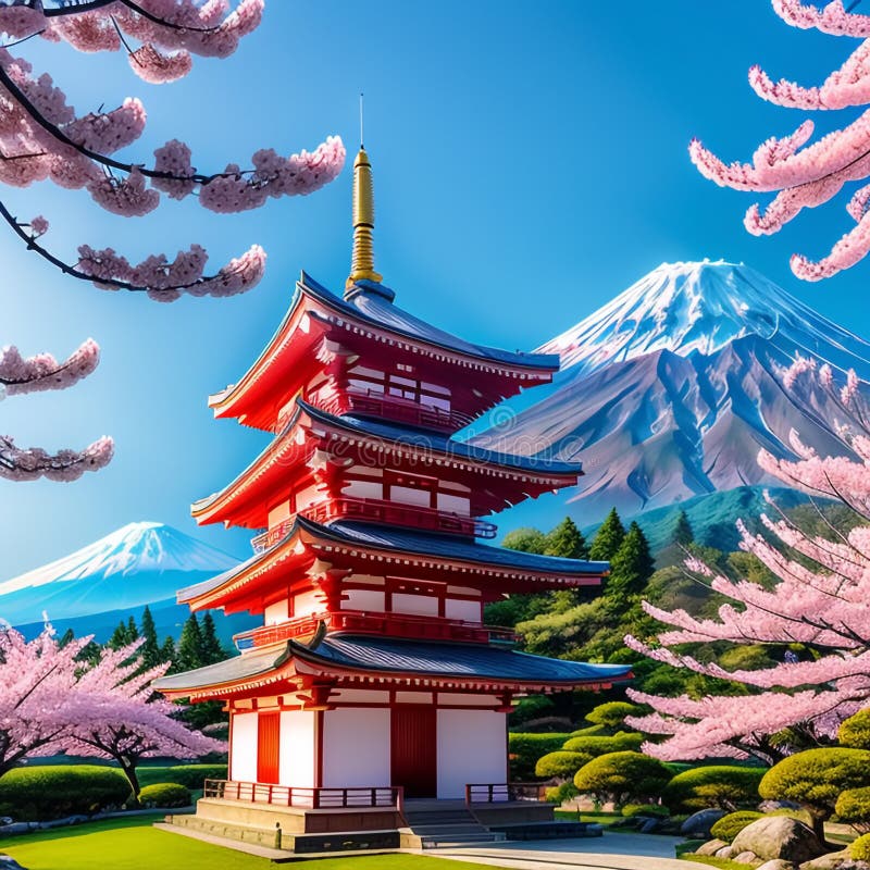 Pagode and Mount with Cherry Blossom Tree during Spring Season ...
