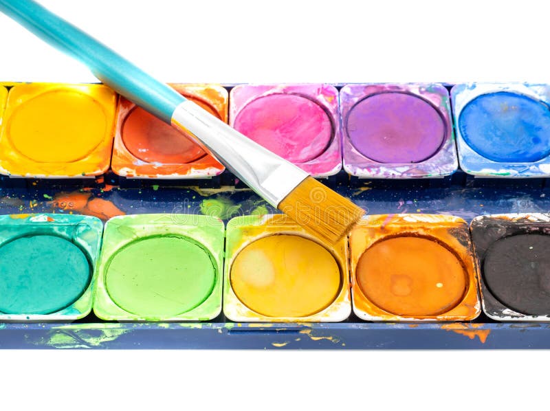 Paint Box of Water Color with Brush Isolated Stock Image - Image of ...