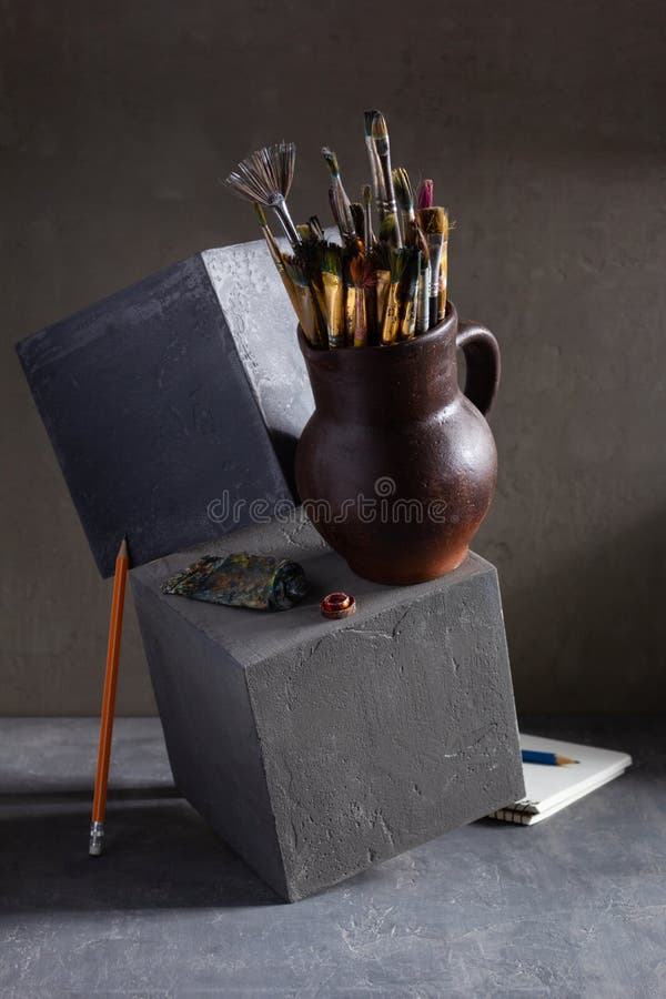 Paint Brush and Artist Tools on Table Background . Painter Abstract ...