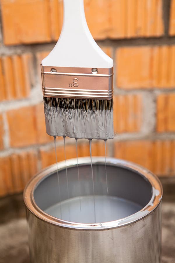 Paint Brush with Grey Color and Drops Over Can Stock Image - Image of ...