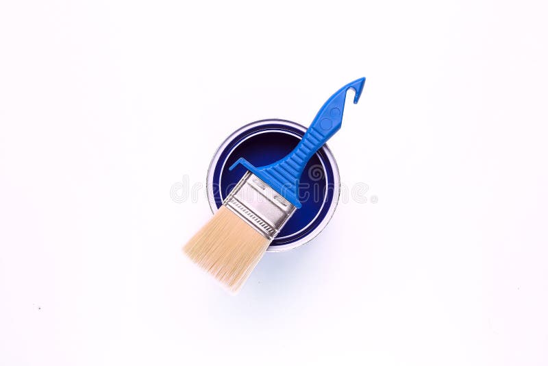 Paint Brush on an Open Blue Paint Can Isolated on White Background ...
