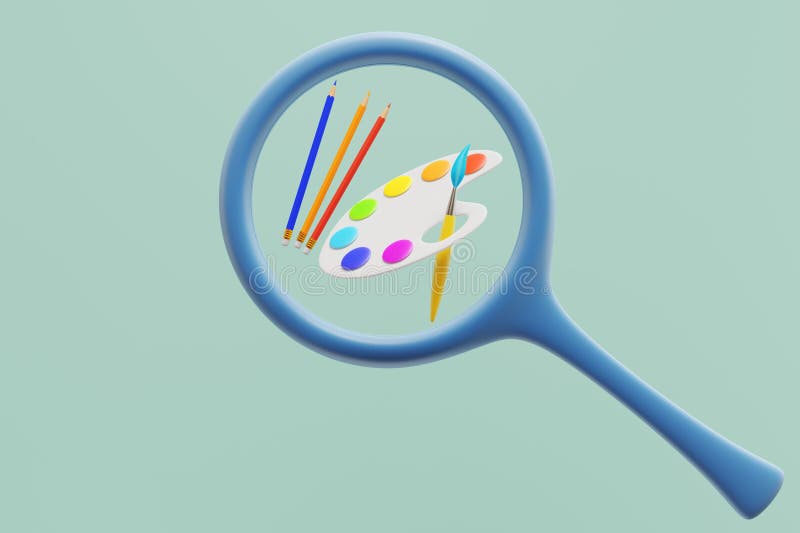 Paint Brush Palette Pencils in a Magnifying Glass Stock Illustration ...