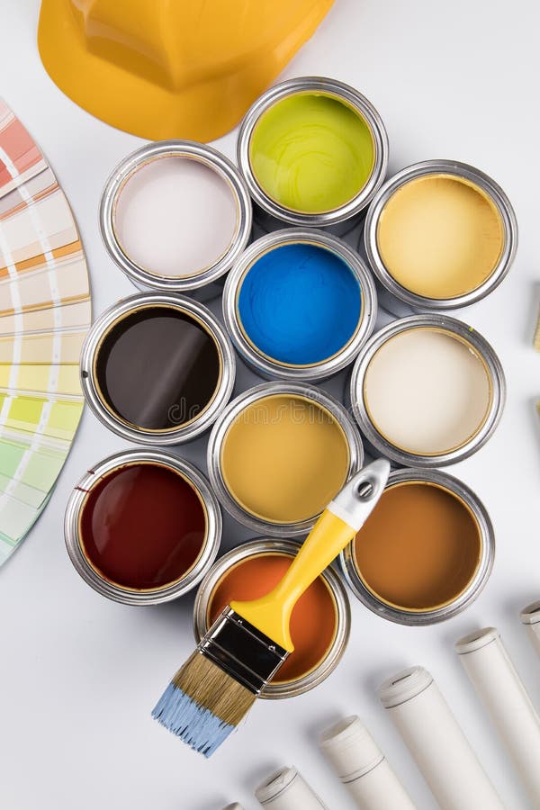 Paint Brush, Tin Can and Color Guide Samples Stock Photo - Image of ...