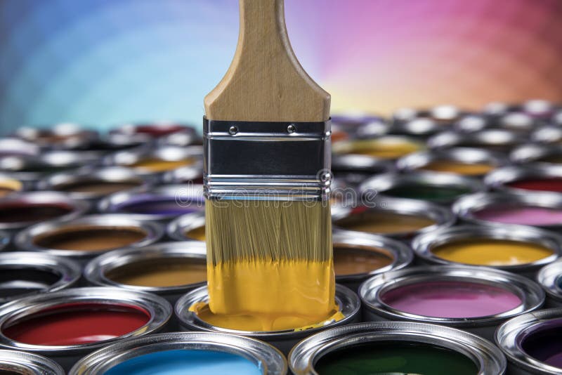 Paint Brush, Tin Can and Color Guide Samples Stock Photo - Image of ...