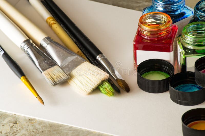 Paint Brushes, Acrylic Paint on a White Paper for Drawing Stock Image ...