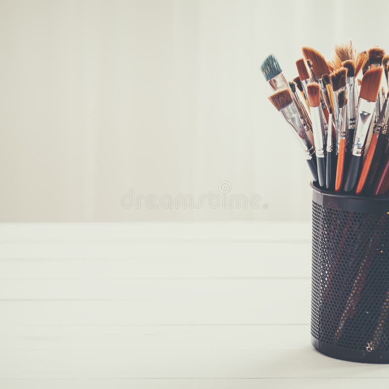 Paint Brushes in a Artist Studio. Copy Space for Text. Stock Photo ...