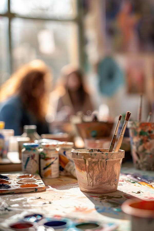 Paint Brushes in a Ceramic Pot Surrounded by Art Supplies in a Sunlit ...