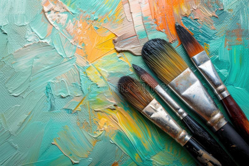 Paint Brushes on Creative Oil Abstract Paint Background Stock ...