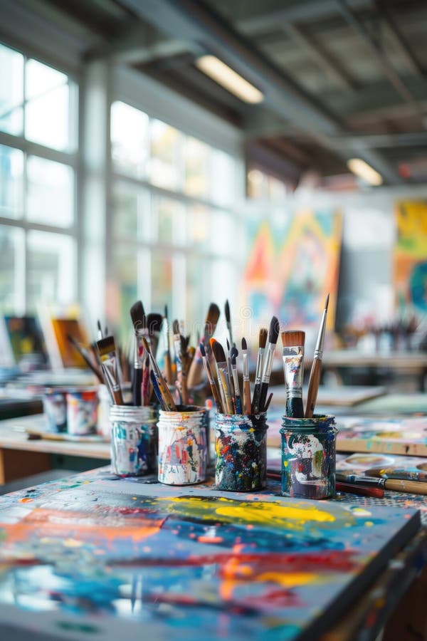 Paint Brushes in Jars on Art Studio Workbench with Colorful Abstract ...