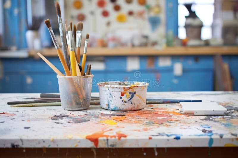 Paint Brushes and Palette on Art Studio Workbench Stock Image - Image ...