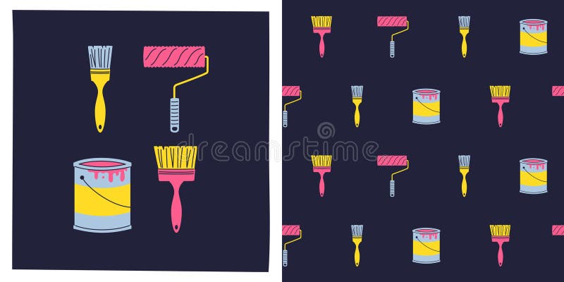 Paint Brushes Roller Can of Paint Set and Seamless Pattern Cartoon ...