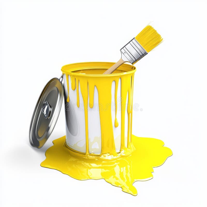 A Paint Can and Brush with Dripping Paint is Shown in 3D, Isolated on a ...