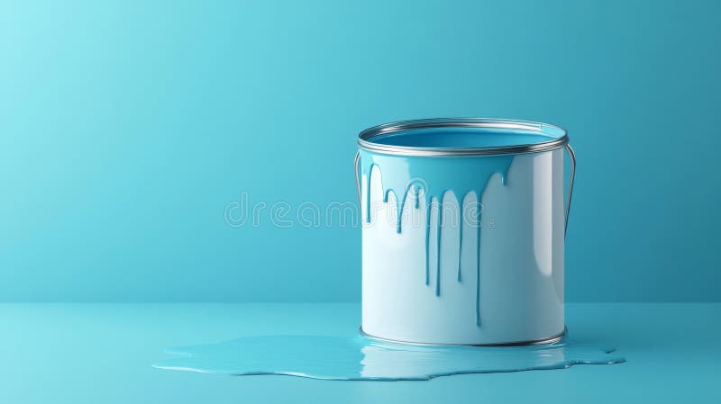 Paint Can with Dripping Azure Paint on Blue Background in Studio Stock ...