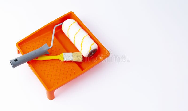 Paint Can, Roller and Paint Tray for Painting Wall on the Floor Stock ...