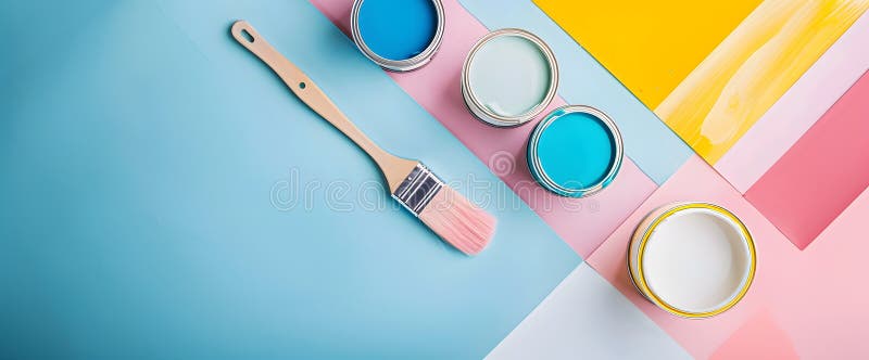 Paint Cans and Brush on Colorful Background Stock Illustration ...