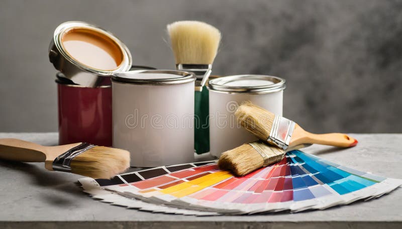 Paint Cans, Color Palette Samples and Brushes on Table Stock ...