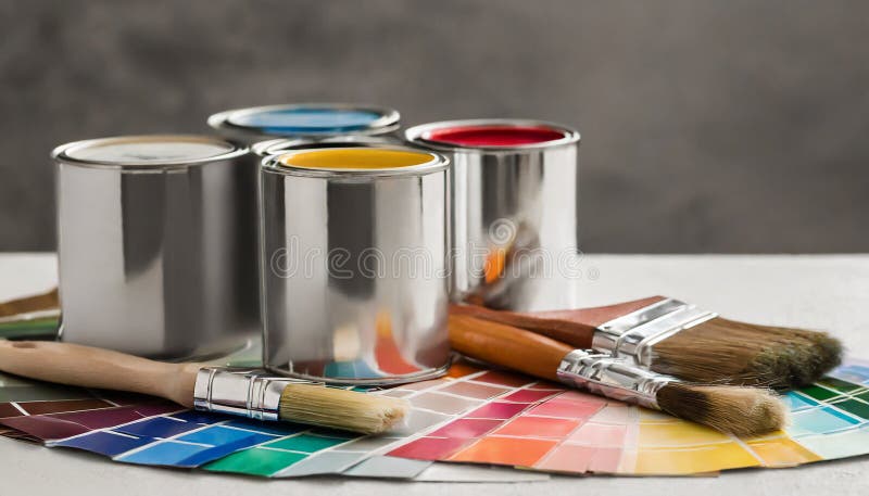 Paint Cans, Color Palette Samples and Brushes on Table Stock ...